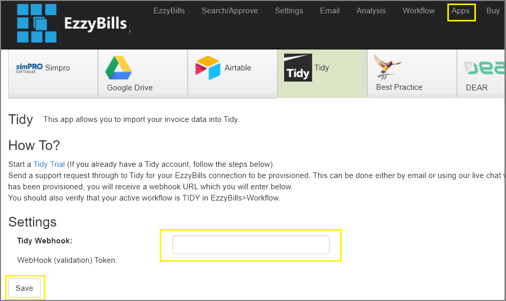 EzzyBills + Tidy integration user guide